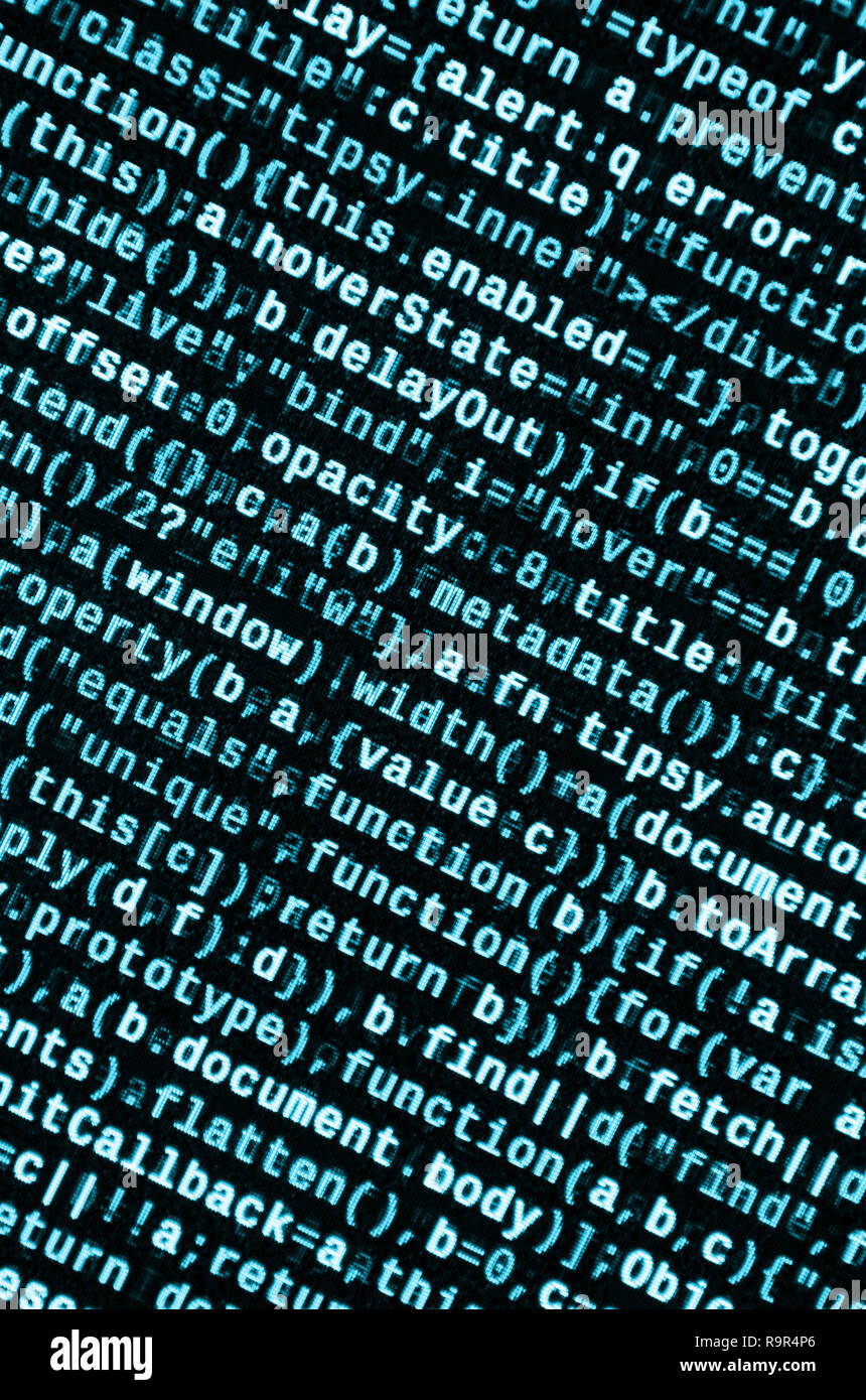 JavaScript code in text editor. Coding cyberspace concept. Screen of ...