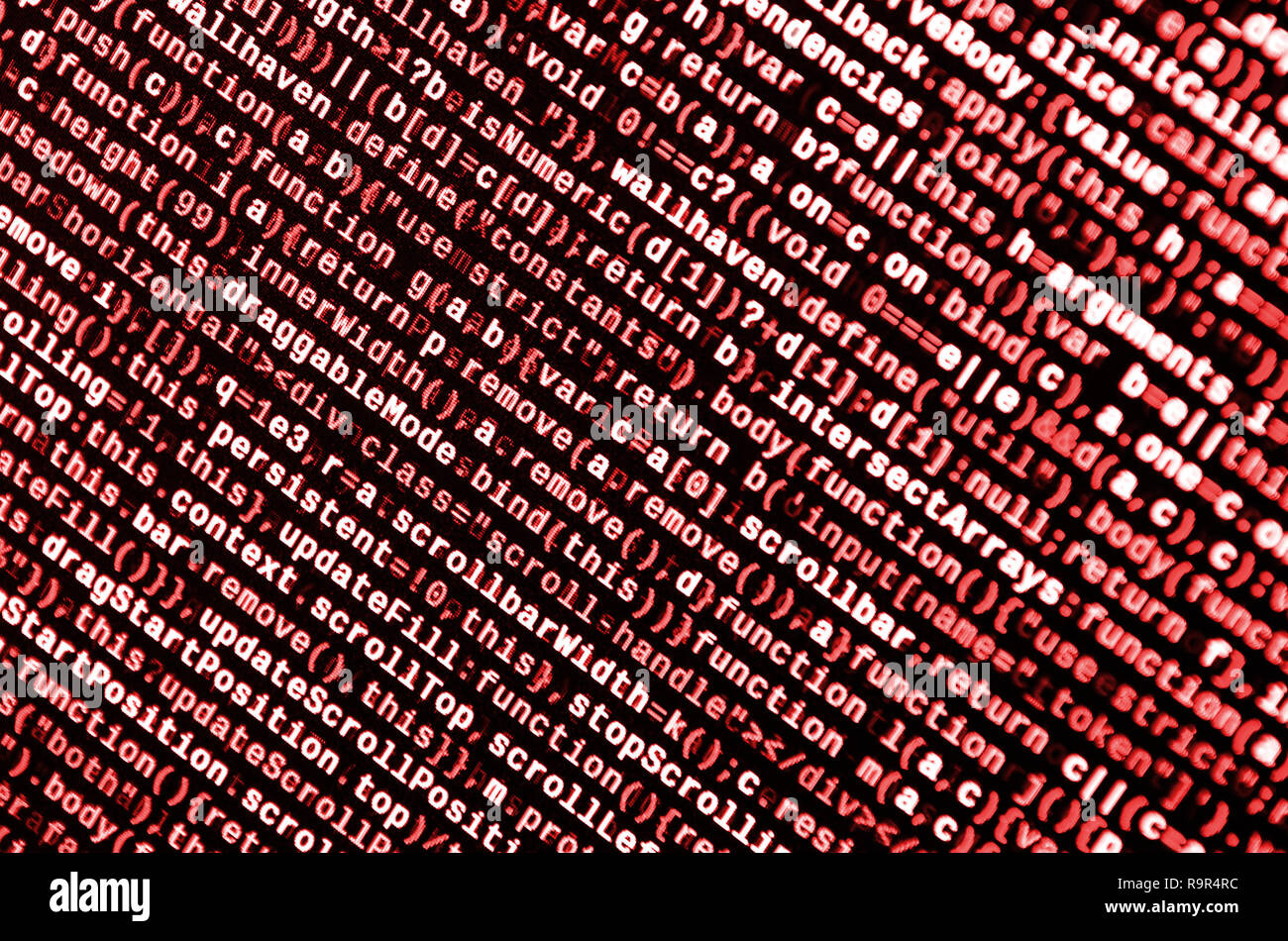 Javascript functions, variables, objects. Monitor closeup of function source code. IT specialist ...