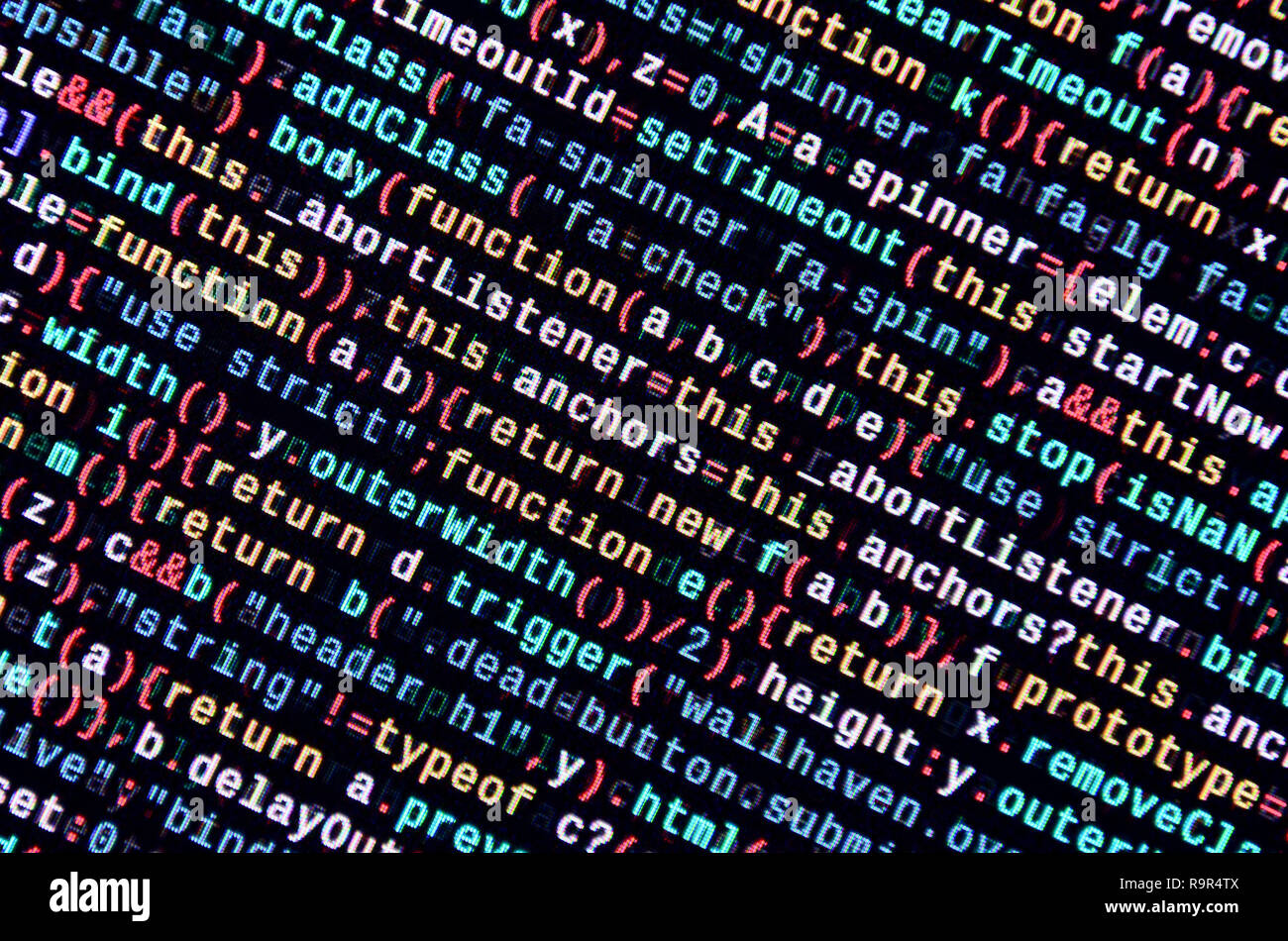 Javascript functions, variables, objects. Monitor closeup of function source code. IT specialist ...