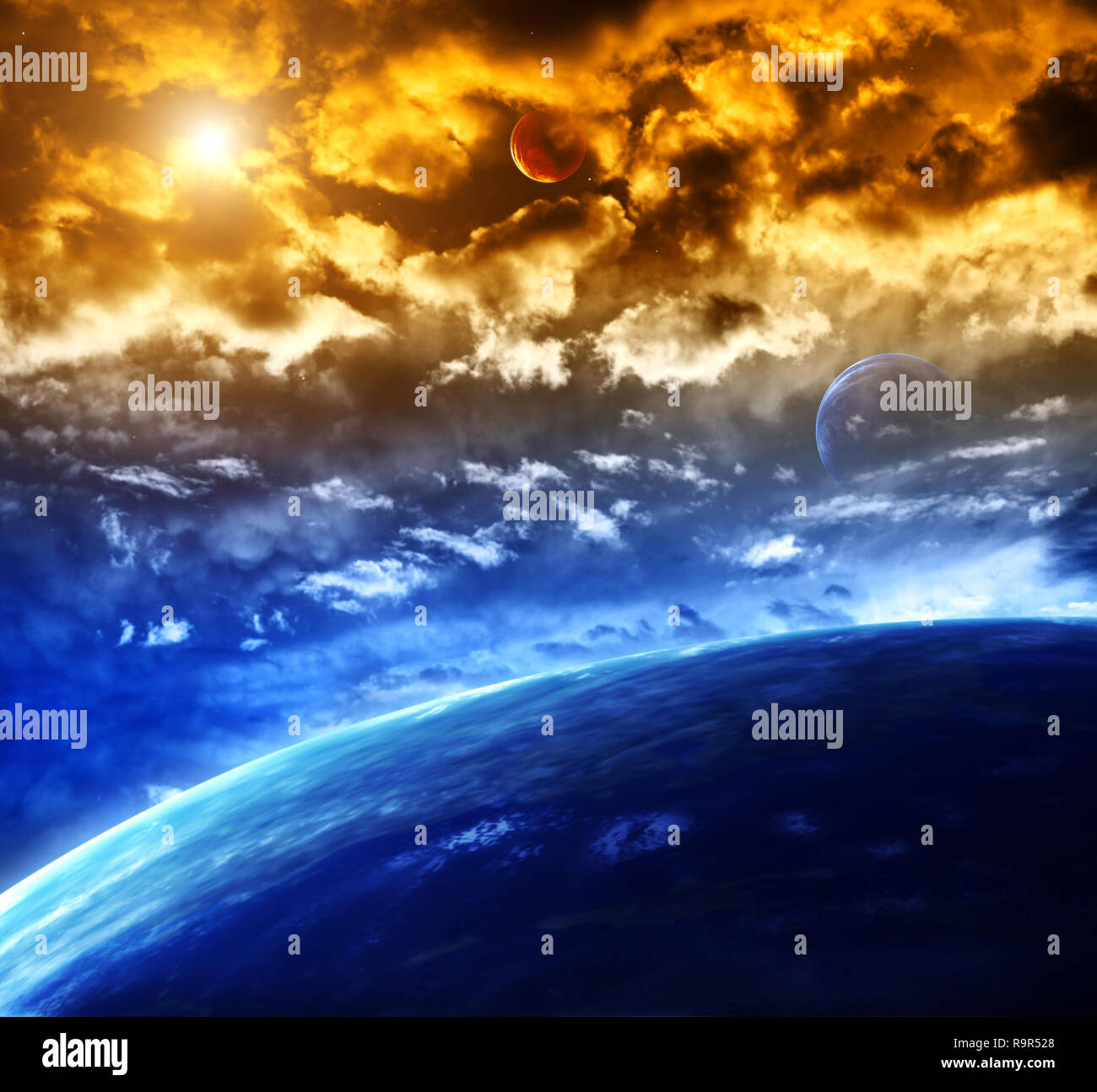 A beautiful space scene with sun, planets and nebula. Elements of this ...