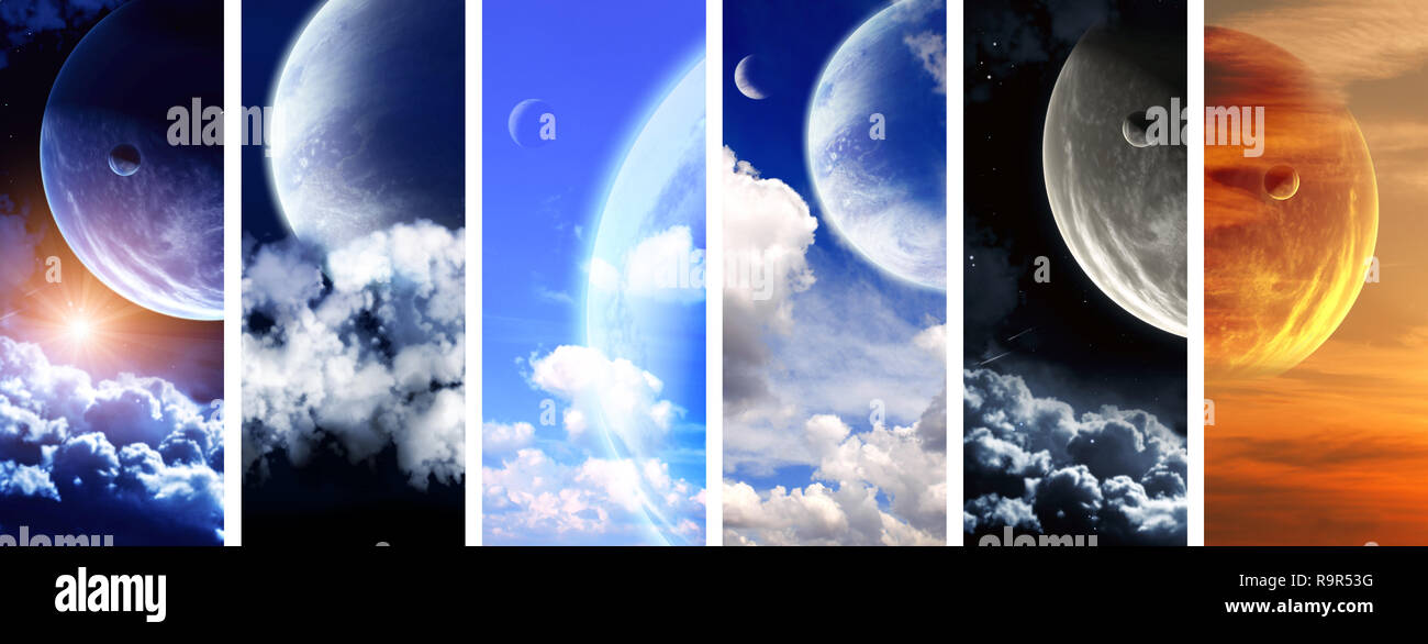 Set of vertical space banners with planets and clouds. Elements of this ...