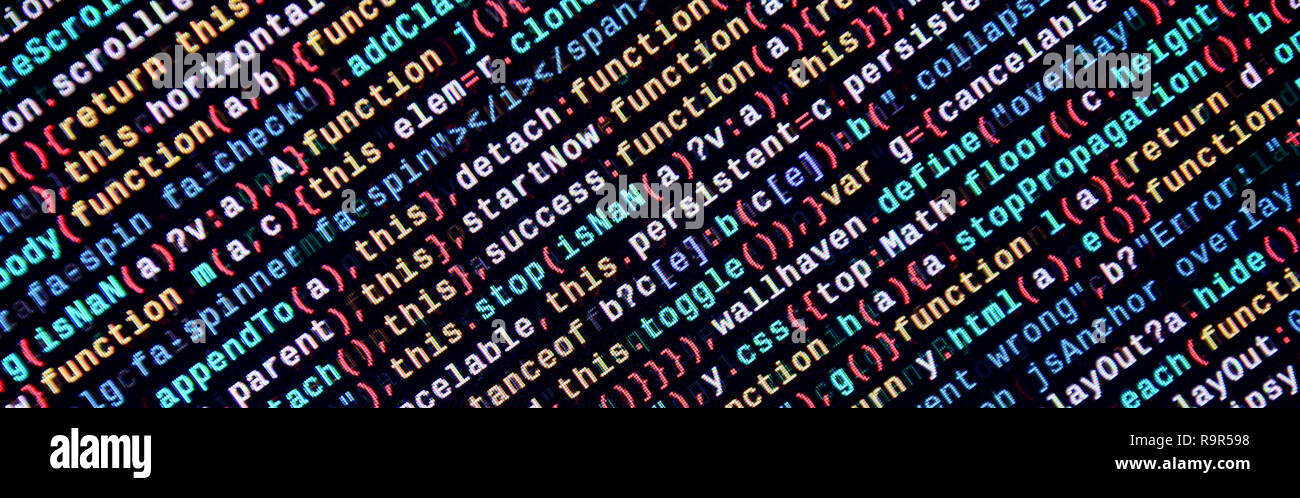 Javascript functions, variables, objects. Monitor closeup of function source code. IT specialist ...