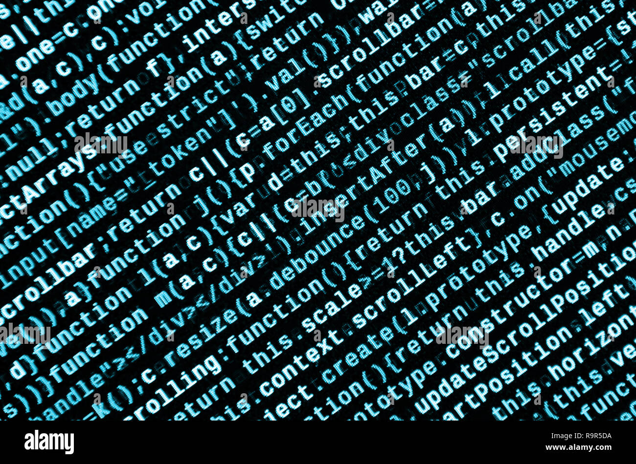 Writing programming code on laptop. Digital binary data on computer ...