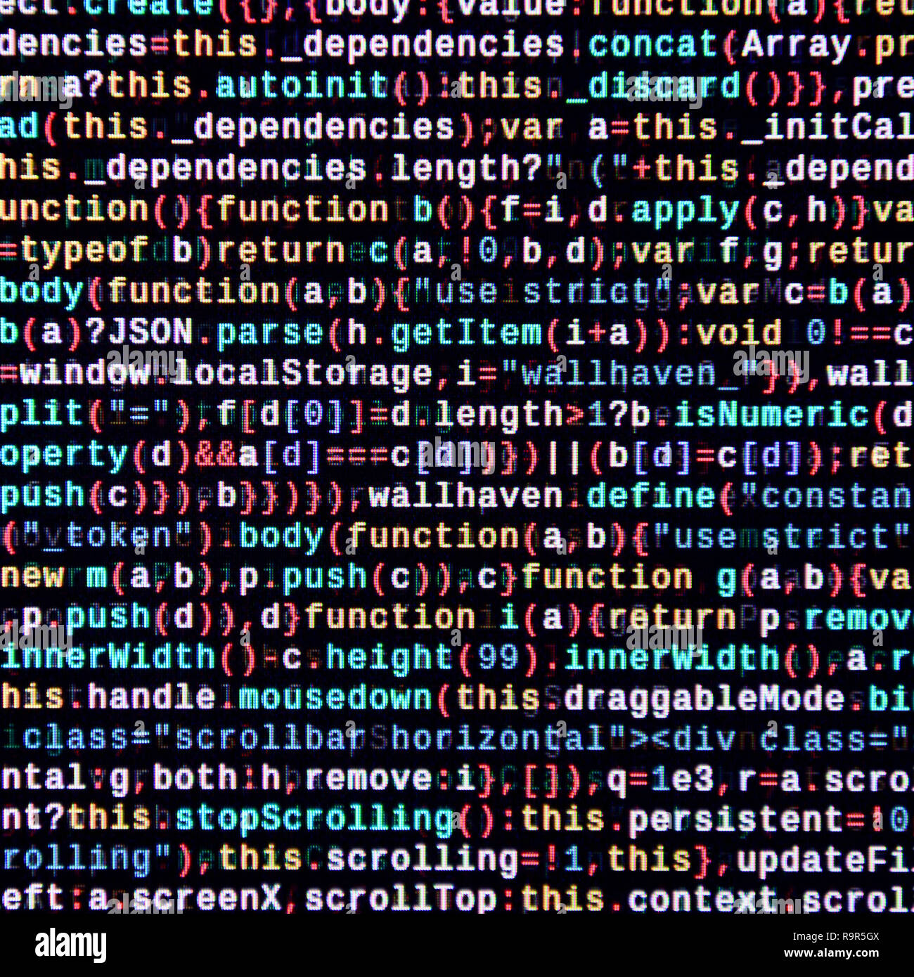 Writing programming code on laptop. Digital binary data on computer ...