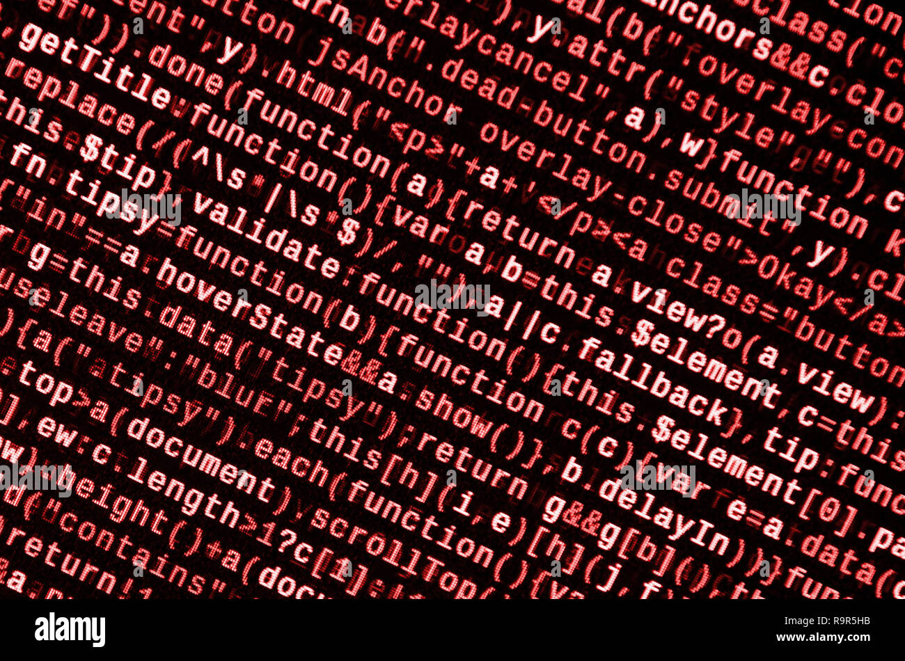 Javascript functions, variables, objects. Monitor closeup of function source code. IT specialist ...