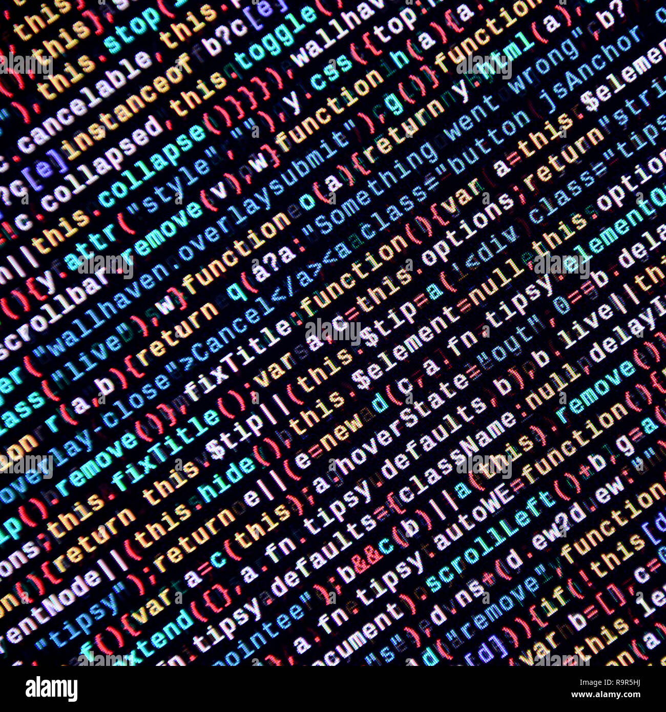 Javascript functions, variables, objects. Monitor closeup of function source code. IT specialist ...
