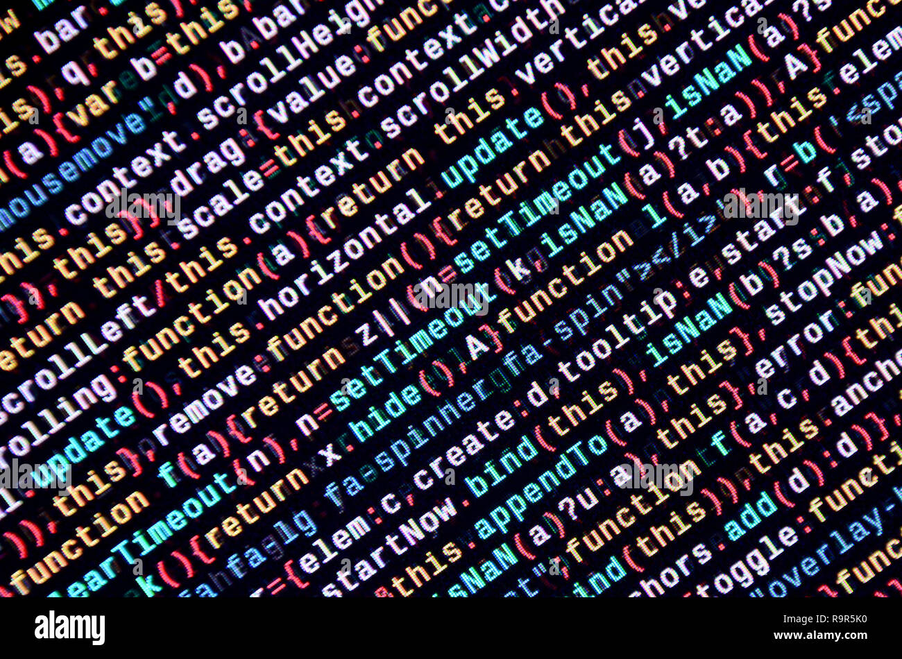 JavaScript code in text editor. Coding cyberspace concept. Screen of ...