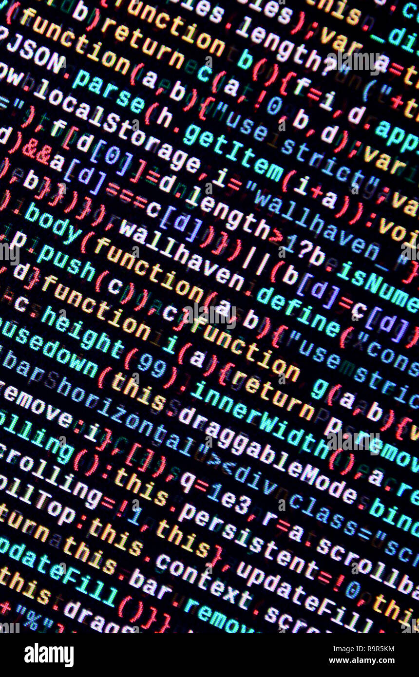 JavaScript code in text editor. Coding cyberspace concept. Screen of ...