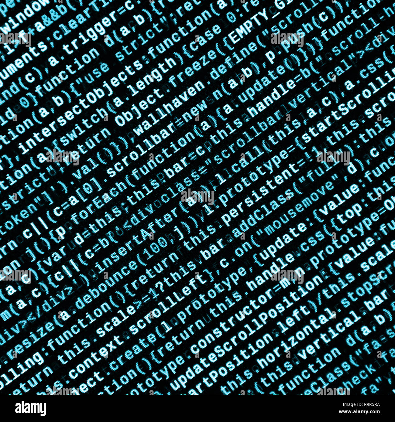 JavaScript code in text editor. Coding cyberspace concept. Screen of ...