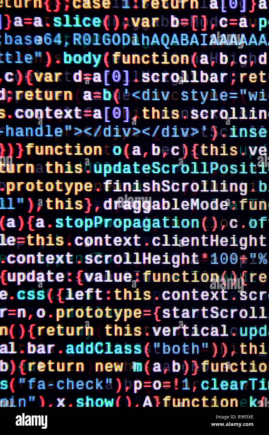 JavaScript code in text editor. Coding cyberspace concept. Screen of web developing javascript ...