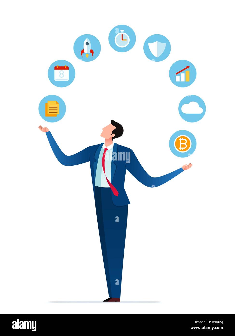 Businessman balancing some business action icons as business strategy ...