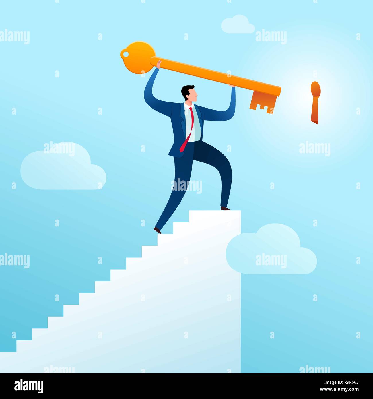 businessman climb the stairs to put a key in its place as an problem ...