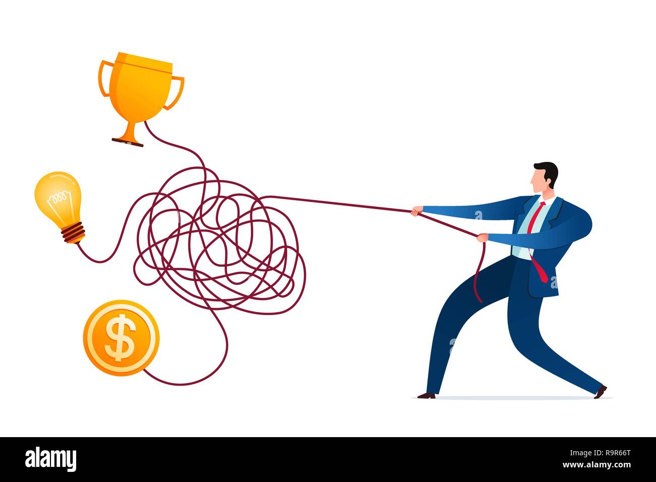 Businessman pull a lottery rope to get a reward and opportunity ...