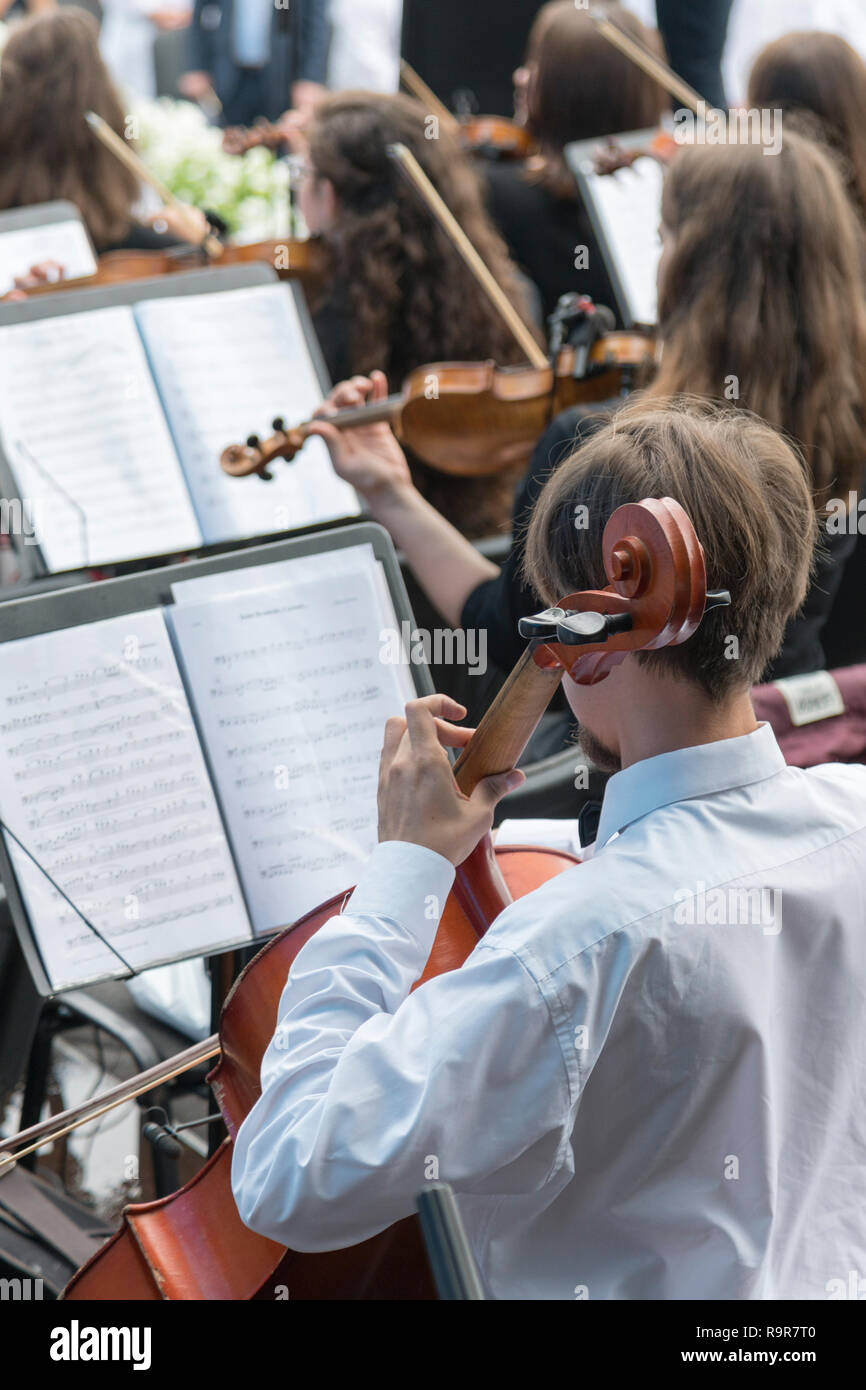 Men with a cello in an orchestra Stock Photo - Alamy