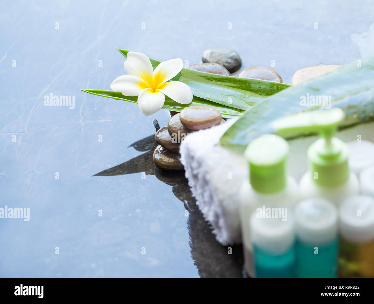 Spa or wellness flower with tropical stone, towel, and cream tubes on ...