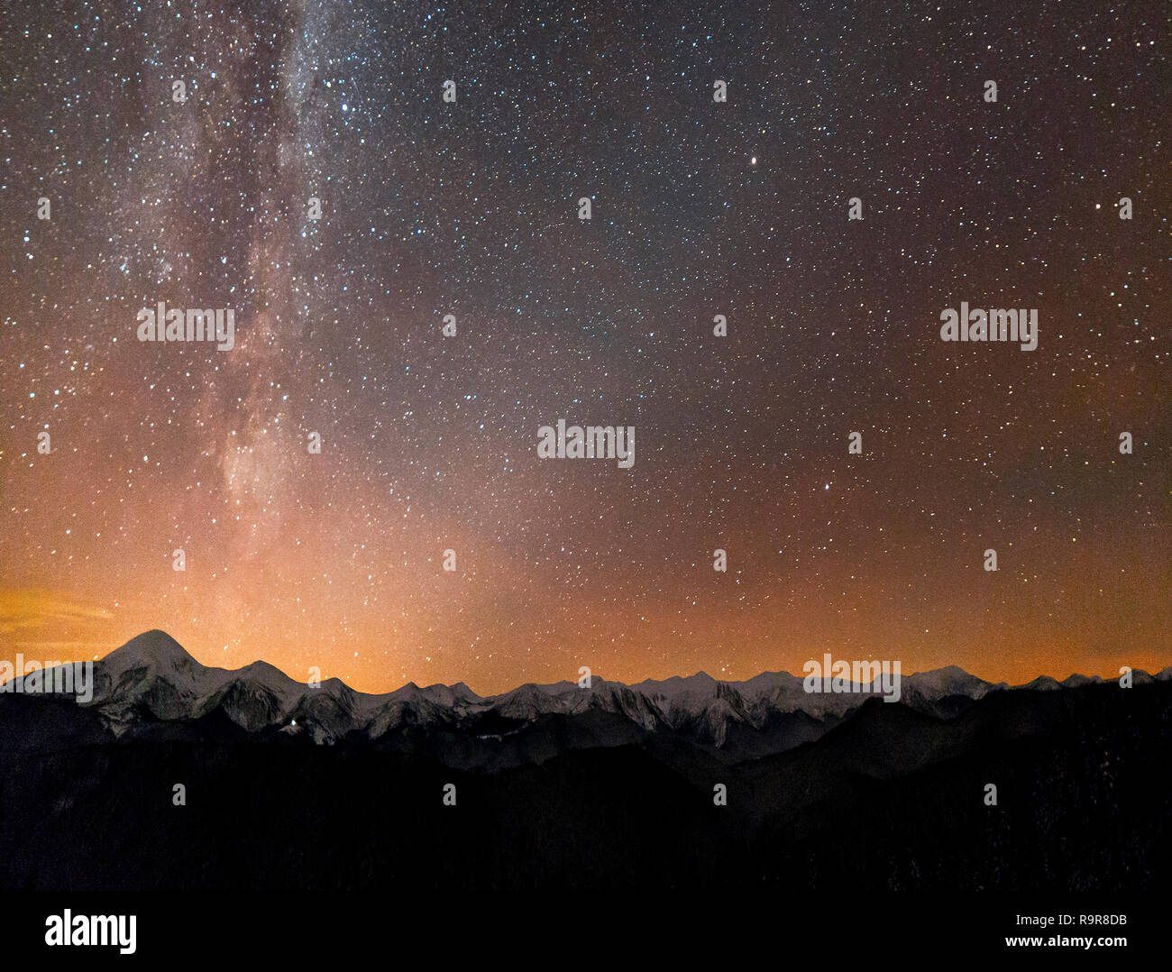 Winter mountains night landscape panorama. Milky Way bright ...
