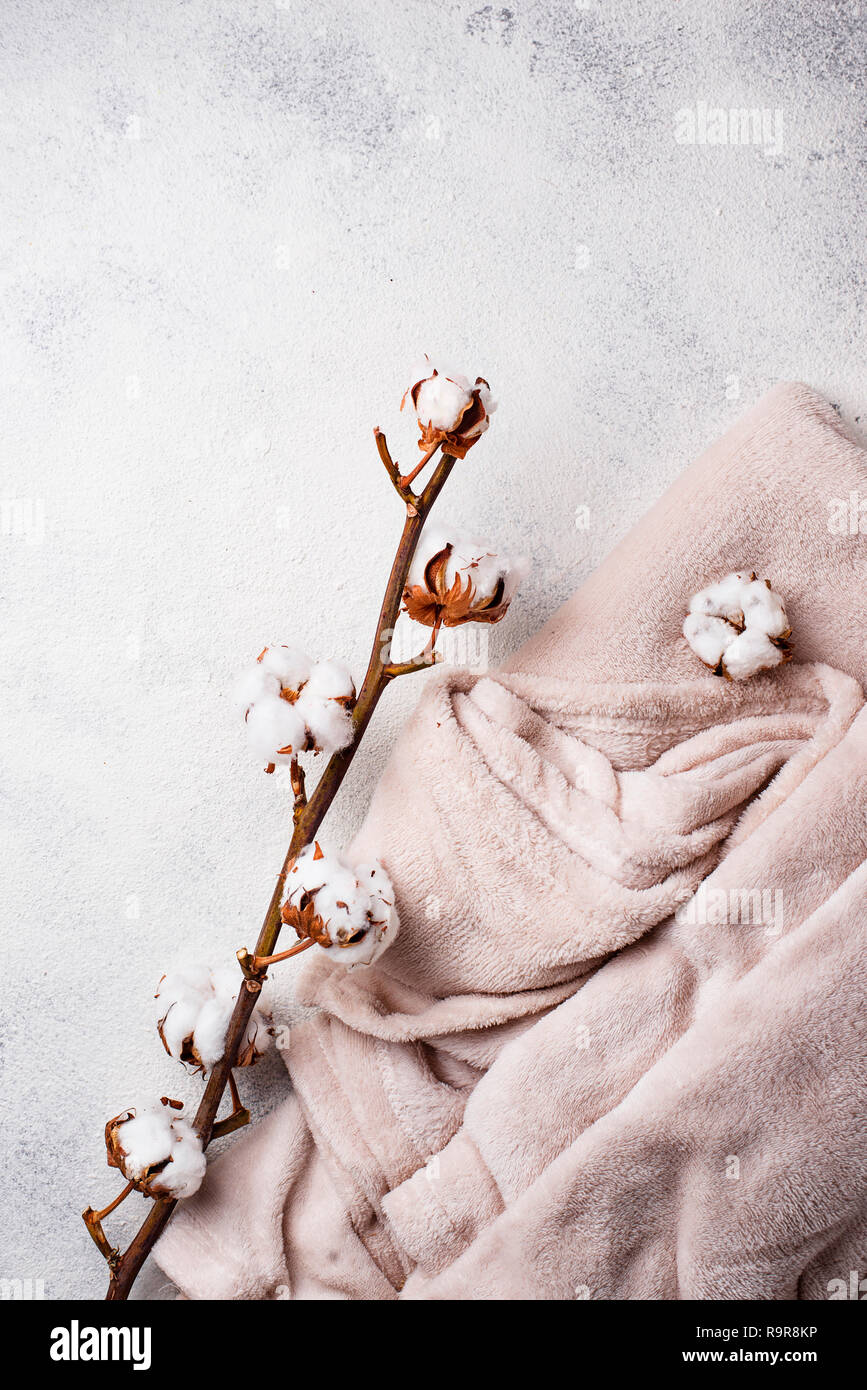 Cotton branch and blanket on light background Stock Photo - Alamy