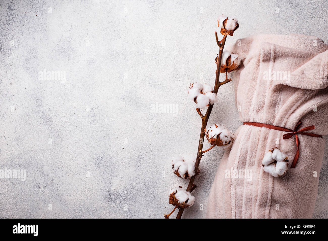Cotton branch and blanket on light background Stock Photo - Alamy