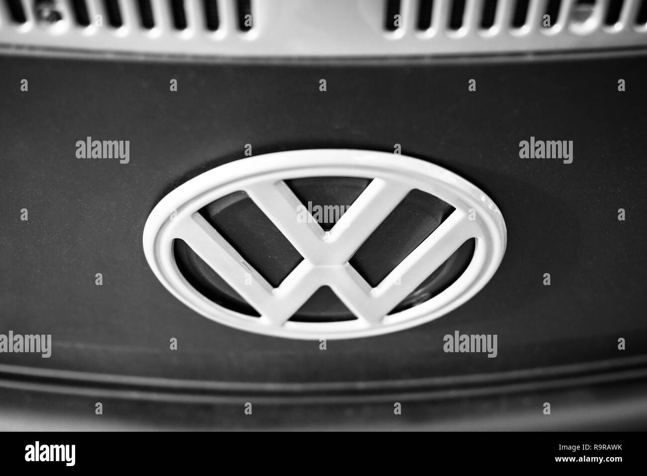 Volkswagen VW badge on the front of a campervan Stock Photo - Alamy