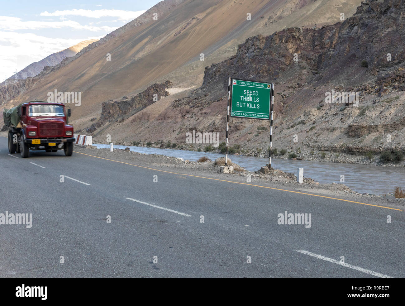 A typical warning road signs along the Ladahkhi roads in Ladakh, Jammu ...