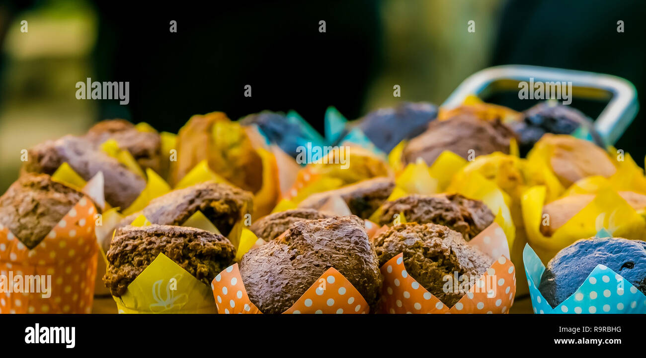 Wooden board of breakfast muffins for catering at corporate breakfast ...