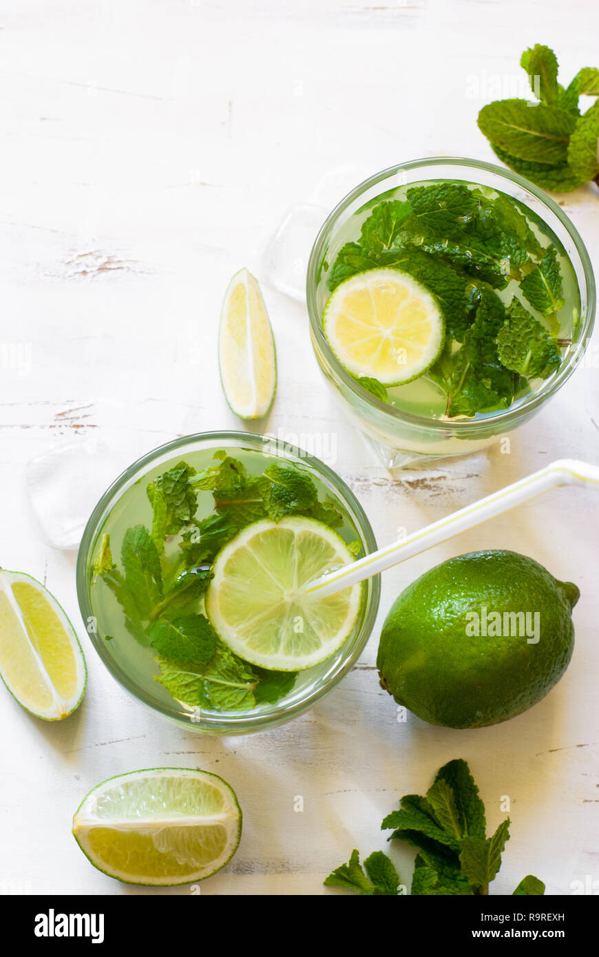 Tradition Summer drink mojito with lime and mint. Top view with copy ...