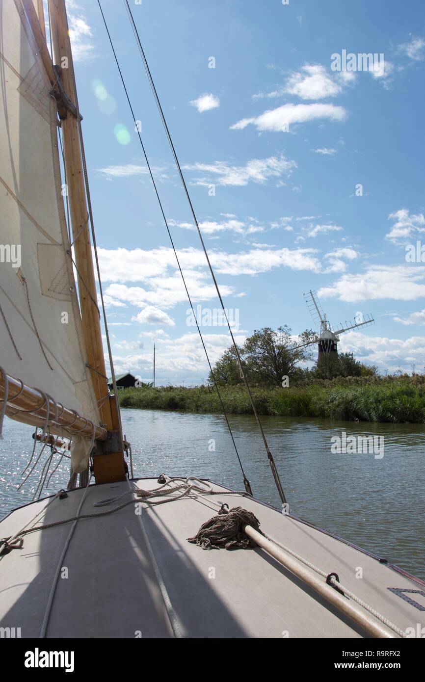 View from the cabin top of a traditional wooden sailing boat on the ...