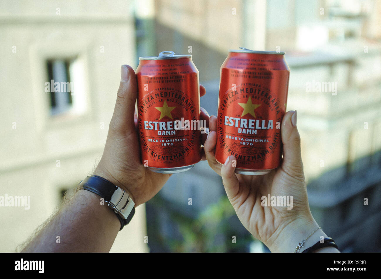 Estrella Beer in backyard, Barcelona, Spain Stock Photo - Alamy