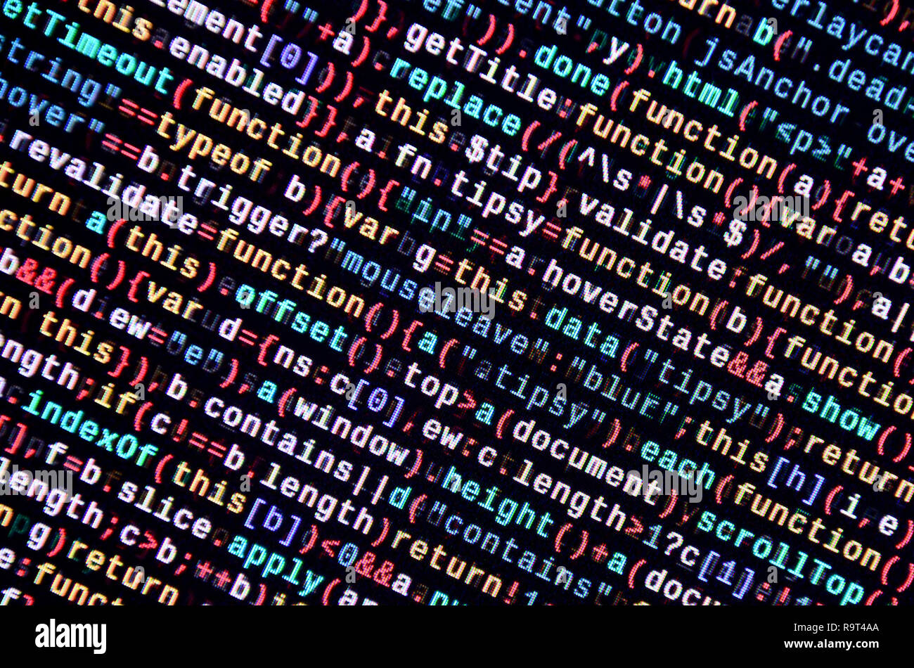 Javascript functions, variables, objects. Monitor closeup of function source code. IT specialist ...