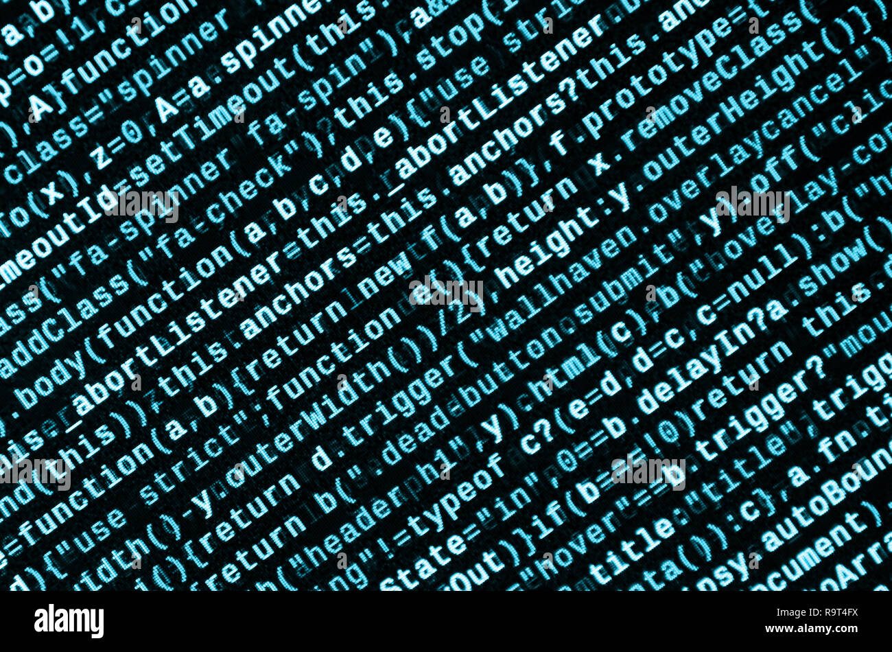 Writing programming code on laptop. Digital binary data on computer ...