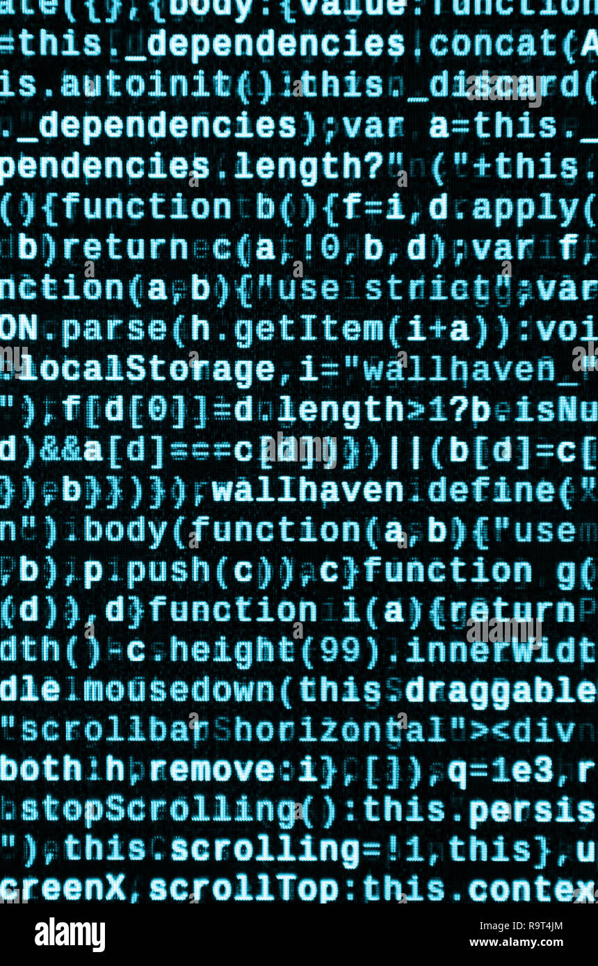 Javascript functions, variables, objects. Monitor closeup of function source code. IT specialist ...