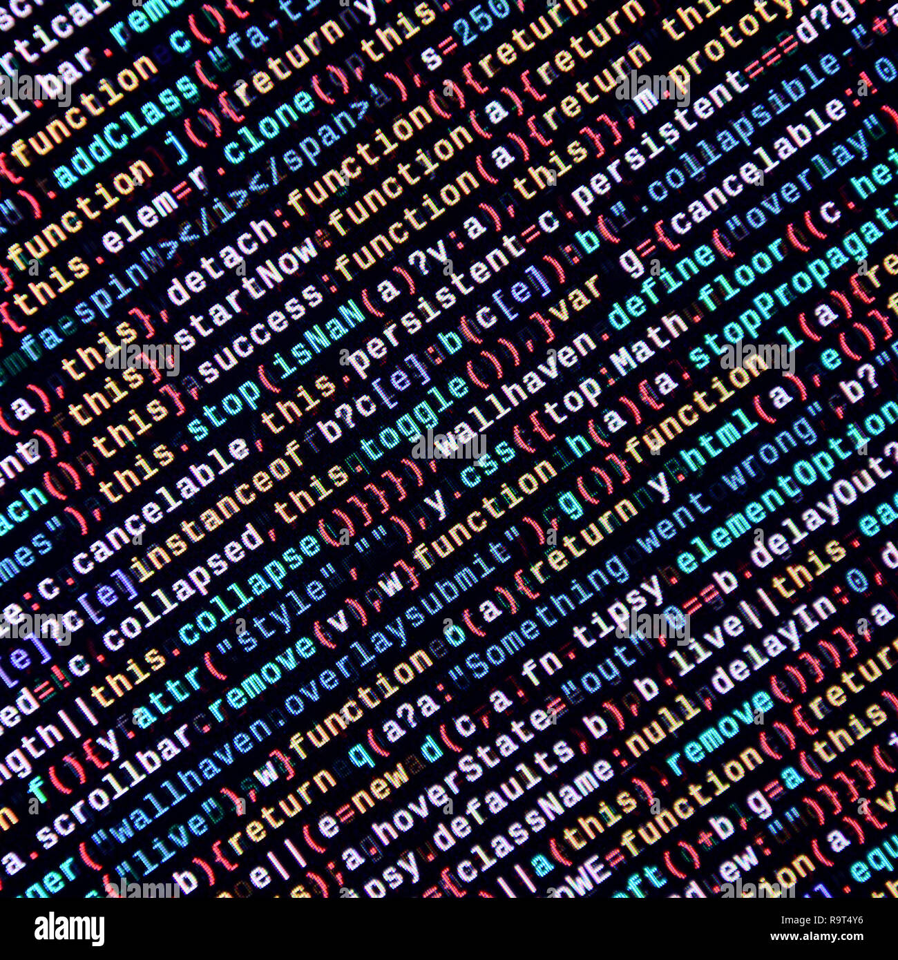Javascript functions, variables, objects. Monitor closeup of function source code. IT specialist ...