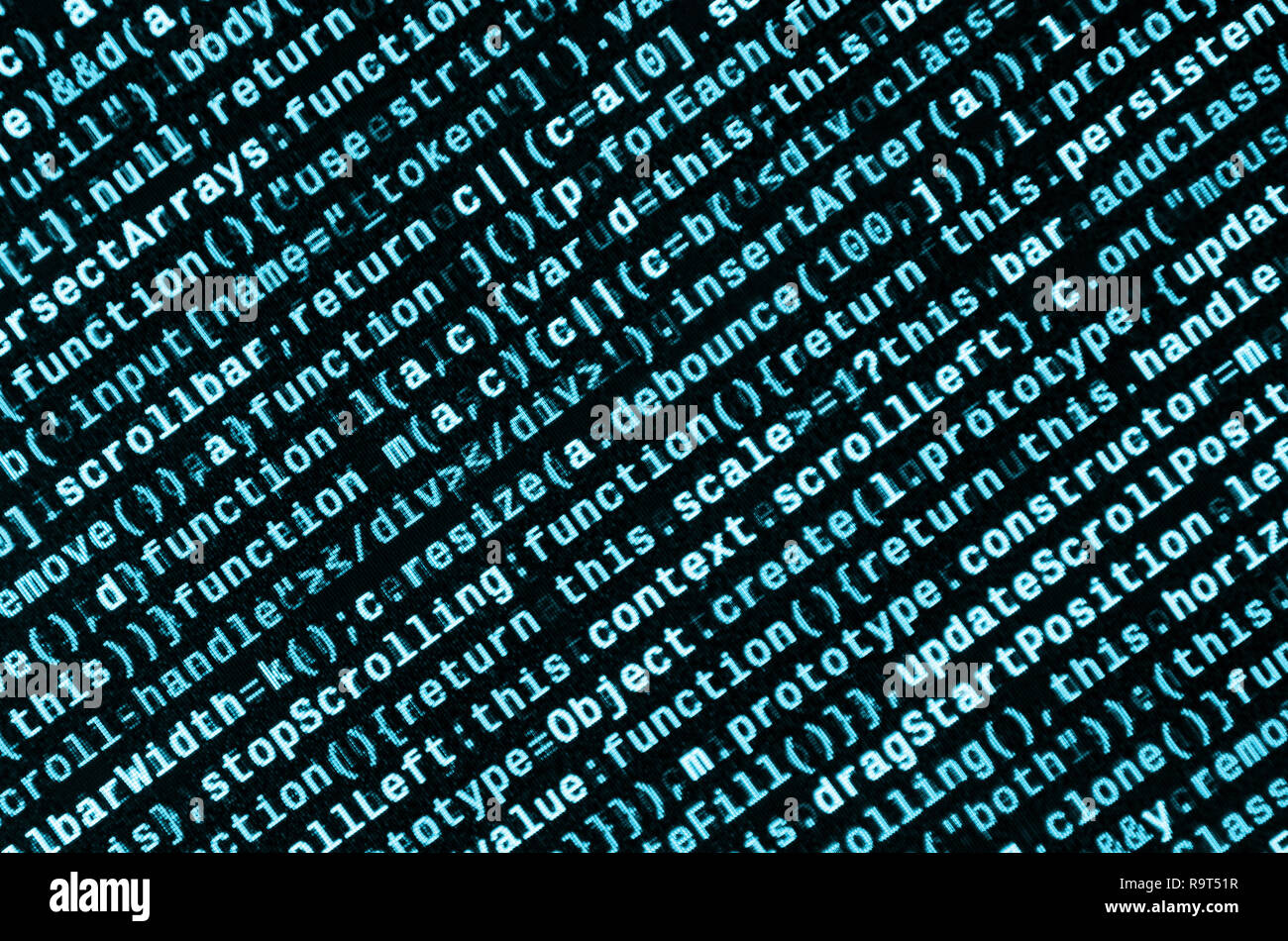 Writing programming code on laptop. Digital binary data on computer ...