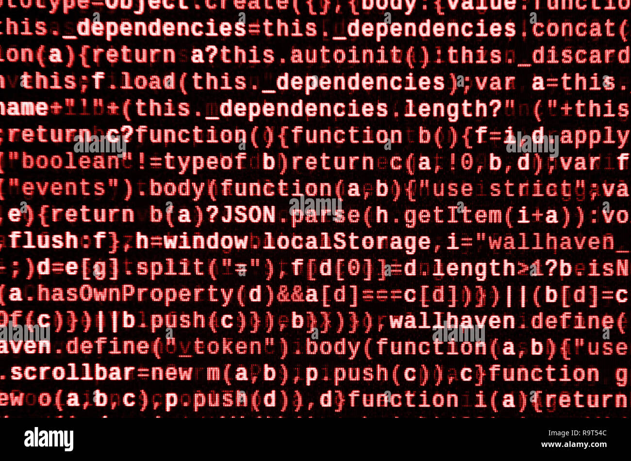 Javascript functions, variables, objects. Monitor closeup of function source code. IT specialist ...