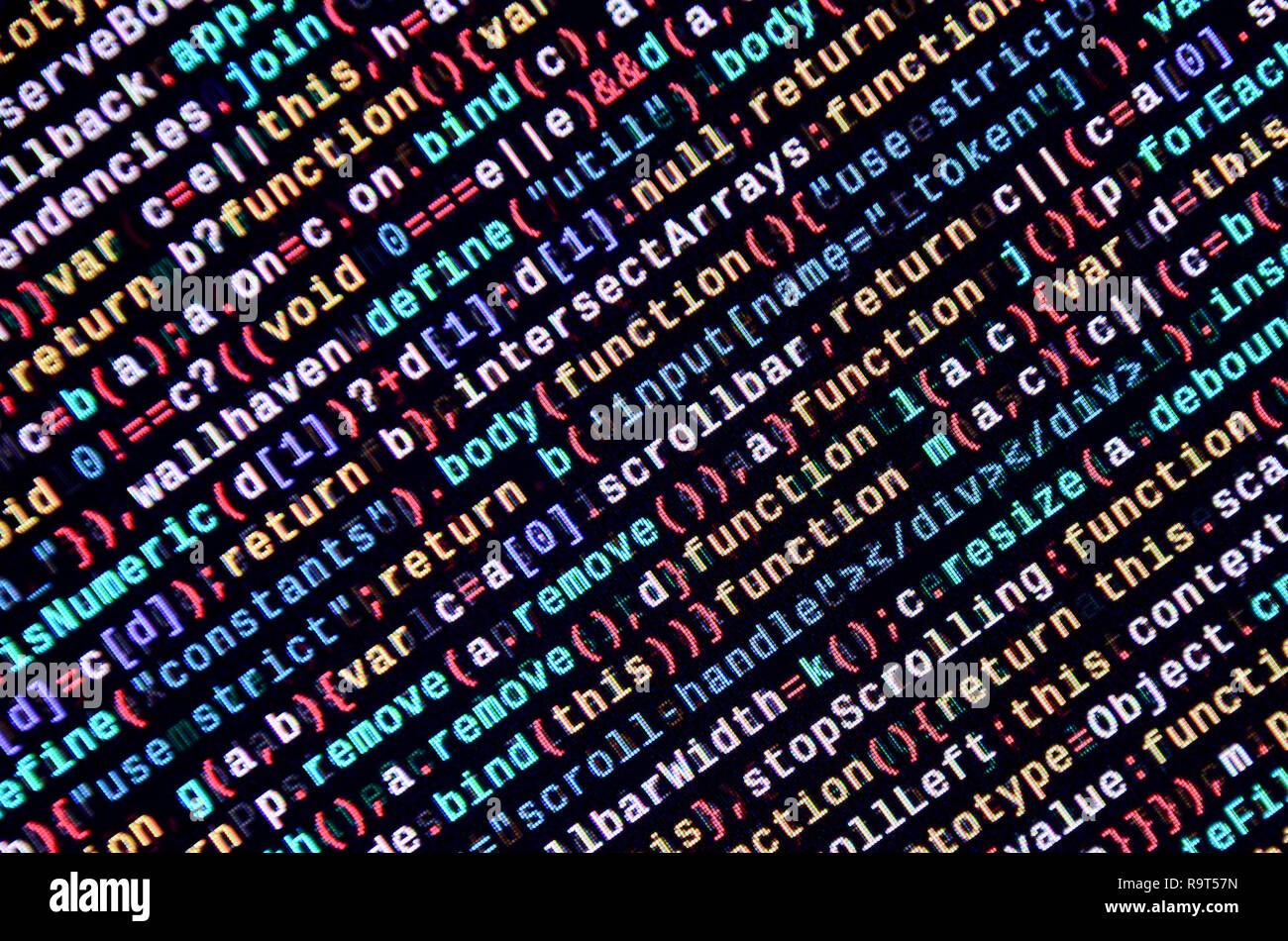 Javascript functions, variables, objects. Monitor closeup of function source code. IT specialist ...
