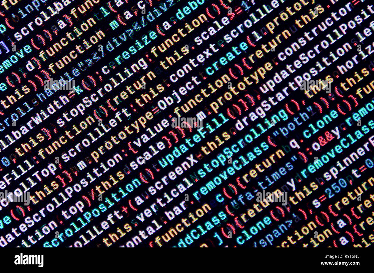 JavaScript code in text editor. Coding cyberspace concept. Screen of ...