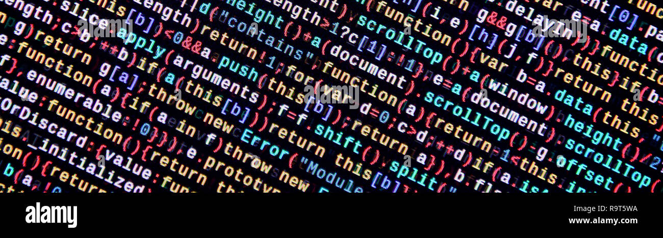 Javascript functions, variables, objects. Monitor closeup of function source code. IT specialist ...