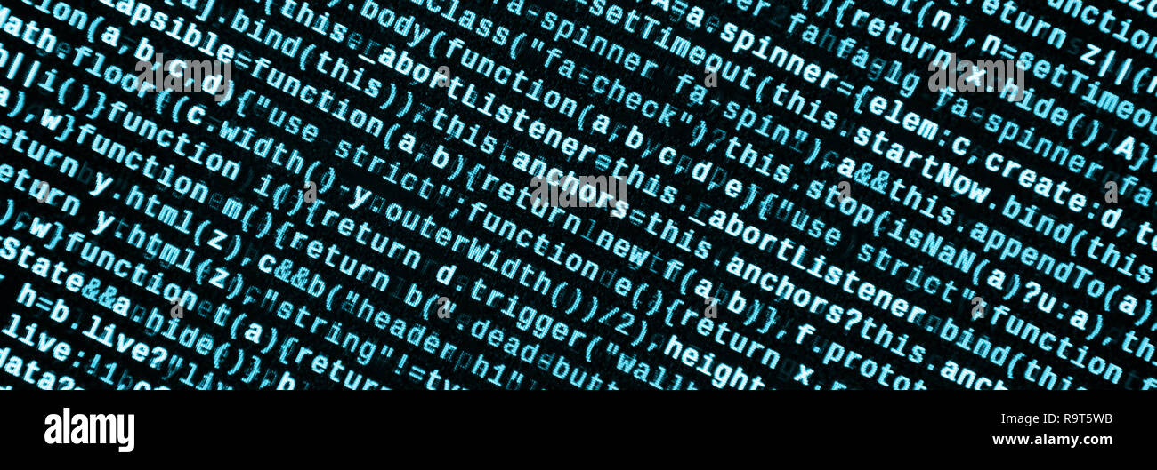 JavaScript code in text editor. Coding cyberspace concept. Screen of ...