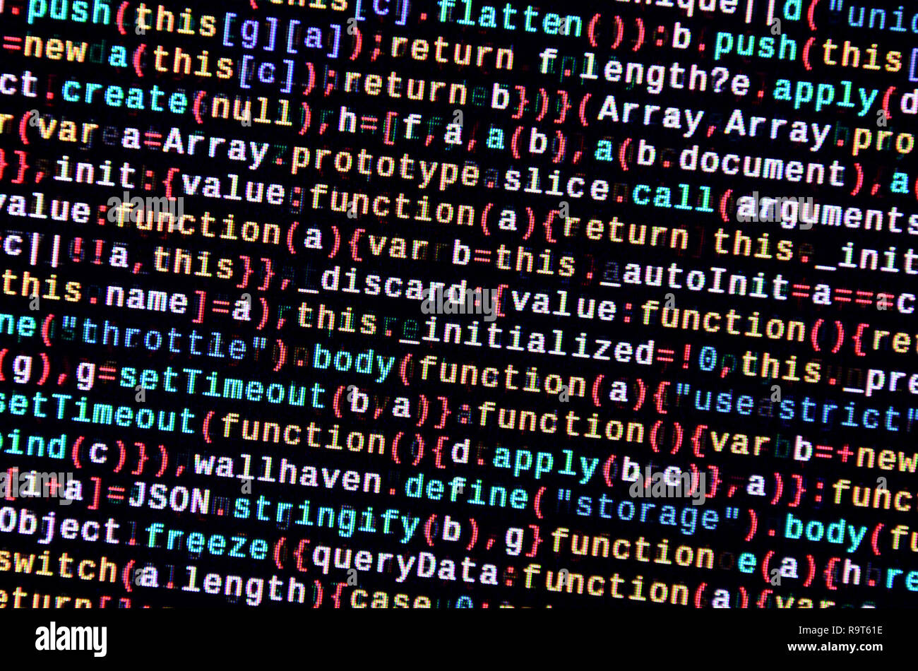 Javascript functions, variables, objects. Monitor closeup of function source code. IT specialist ...