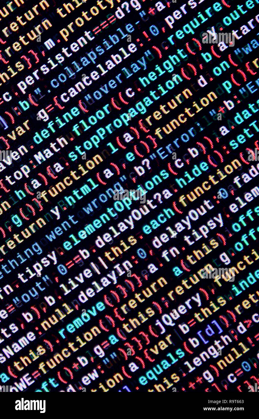 JavaScript code in text editor. Coding cyberspace concept. Screen of ...