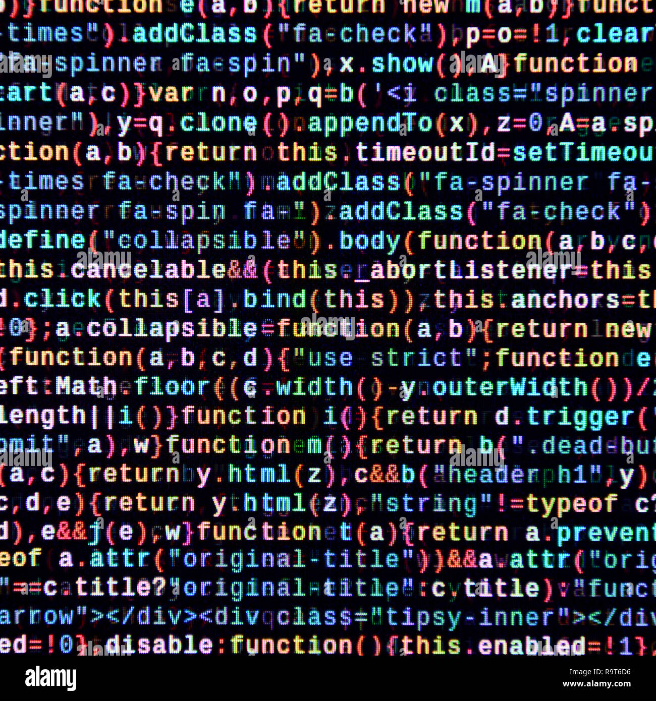 Javascript functions, variables, objects. Monitor closeup of function source code. IT specialist ...