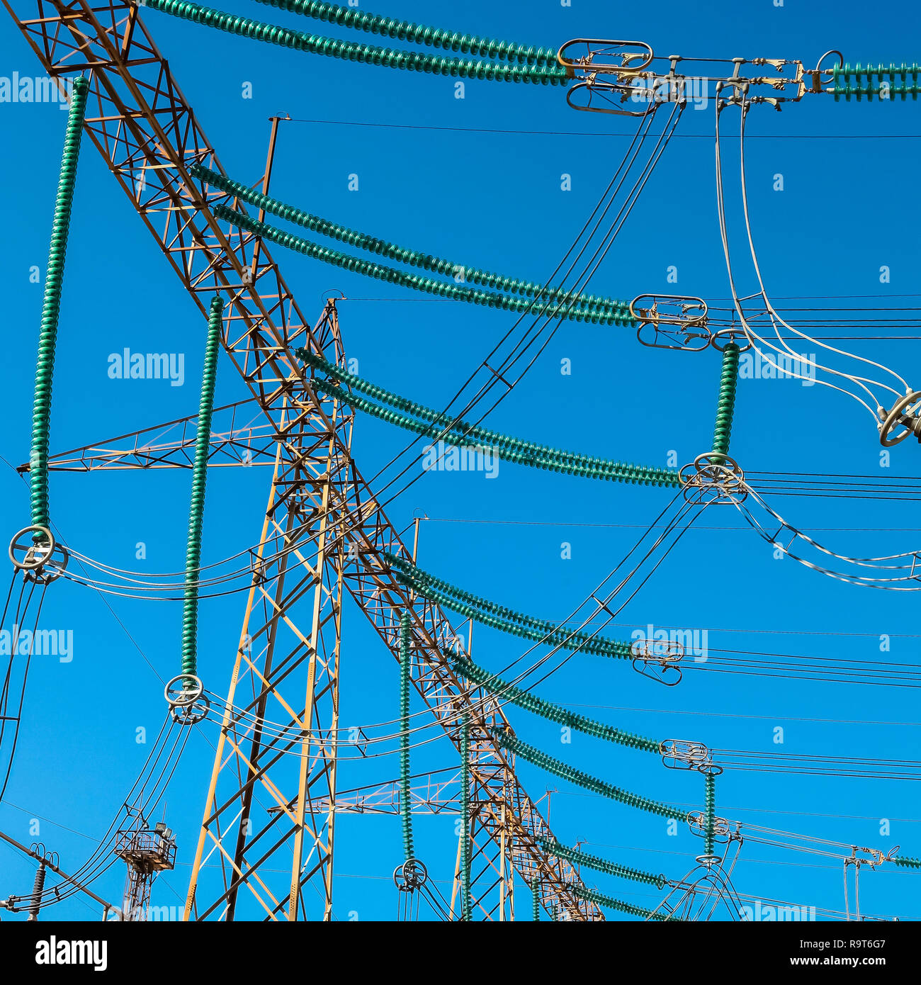 High Voltage Industrial sized electrical power lines at a distribution ...