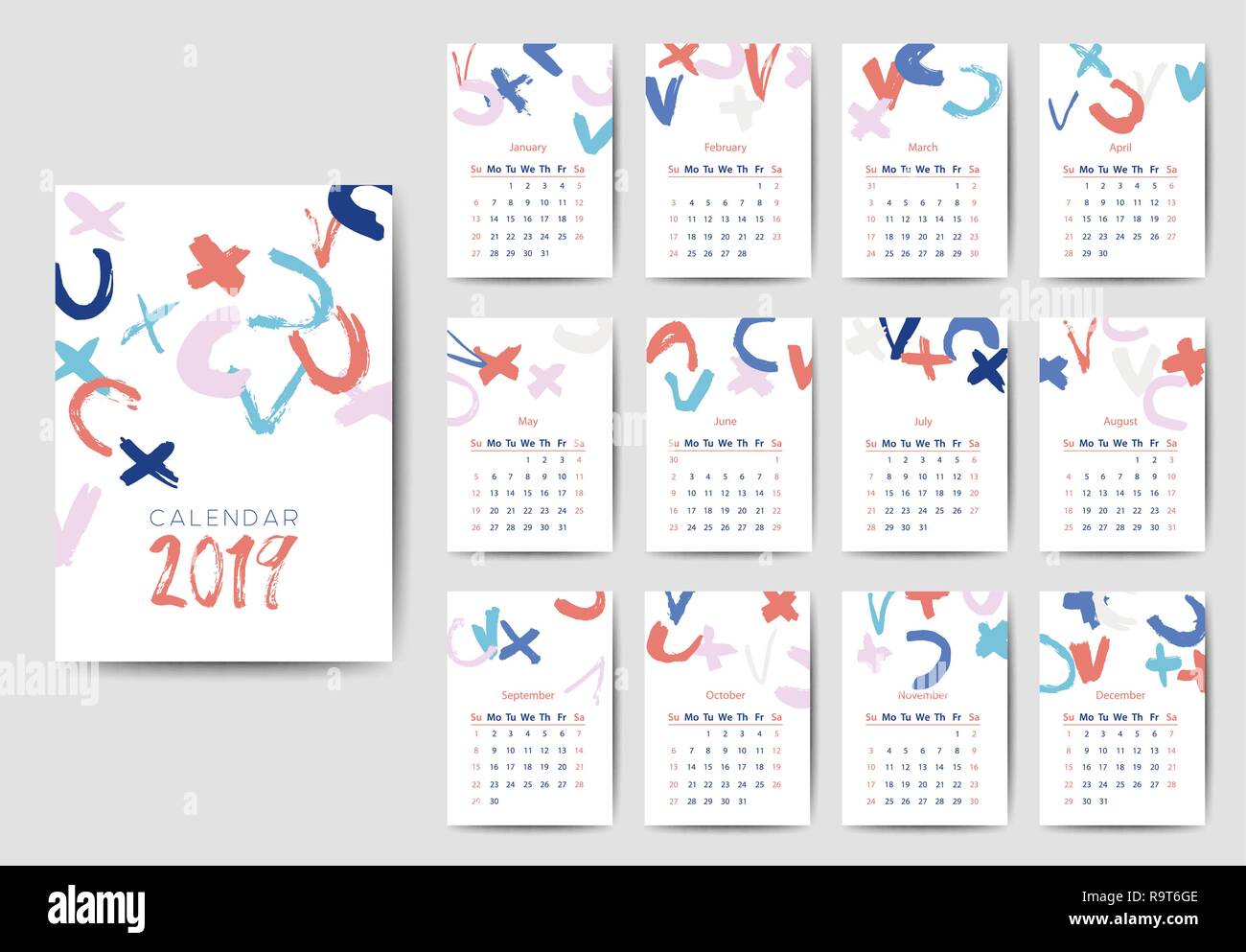 The 2019 calendar vector template in bright colors Stock Vector Image ...