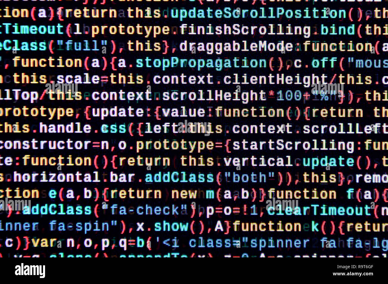 Javascript functions, variables, objects. Monitor closeup of function source code. IT specialist ...