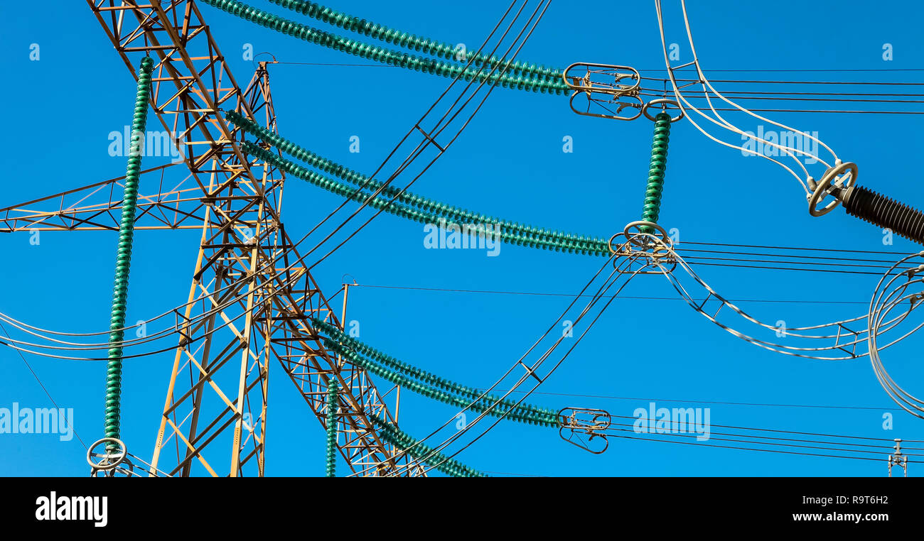 High Voltage Industrial sized electrical power lines at a distribution ...