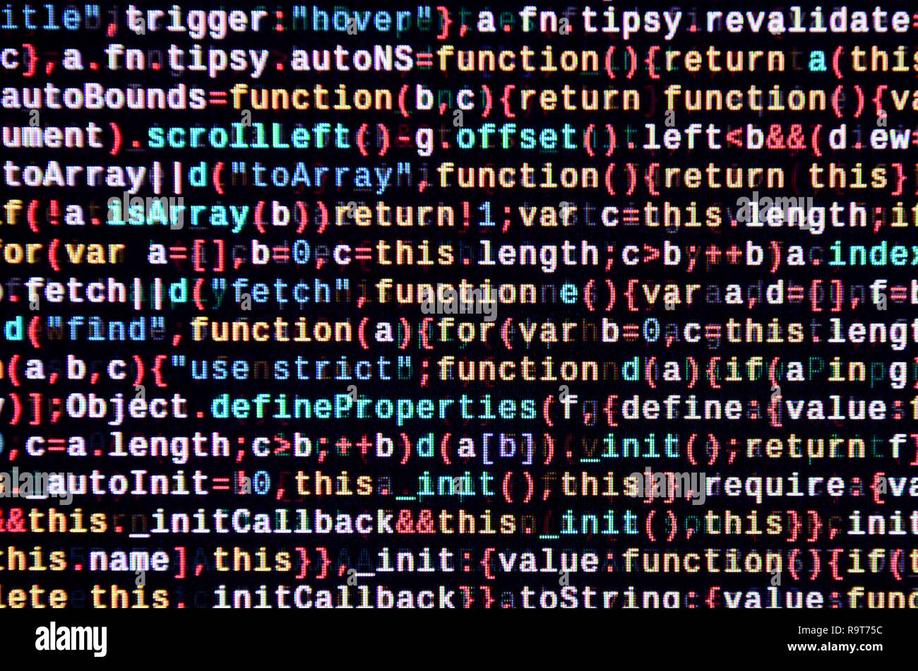 Javascript functions, variables, objects. Monitor closeup of function source code. IT specialist ...