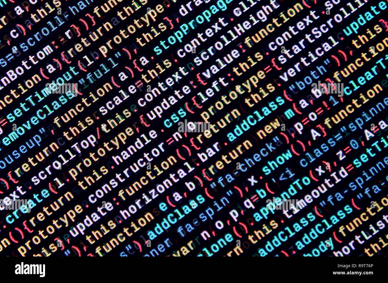 Javascript functions, variables, objects. Monitor closeup of function source code. IT specialist ...