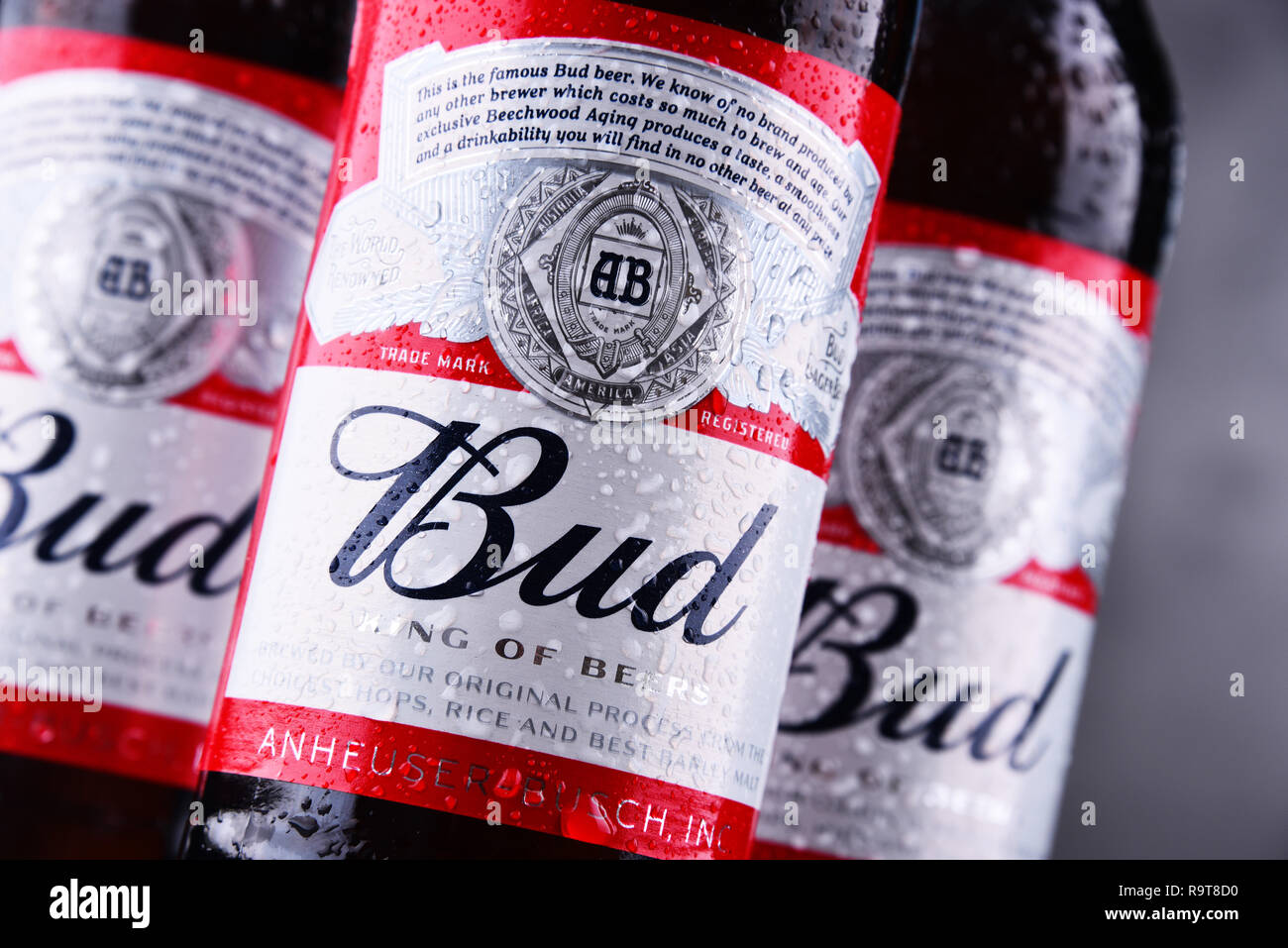 POZNAN, POL - MAY 3, 2018: Bottles of Bud beer, an American-style pale ...