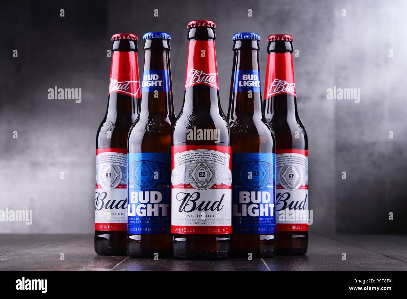 POZNAN, POL - MAY 3, 2018: Bottles of Bud and Bud Light, popular ...