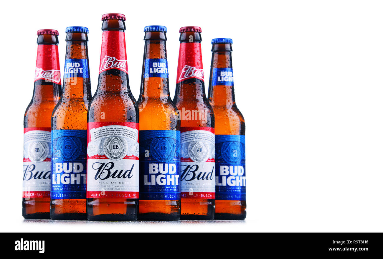 POZNAN, POL - MAY 3, 2018: Bottles of Bud and Bud Light, popular ...